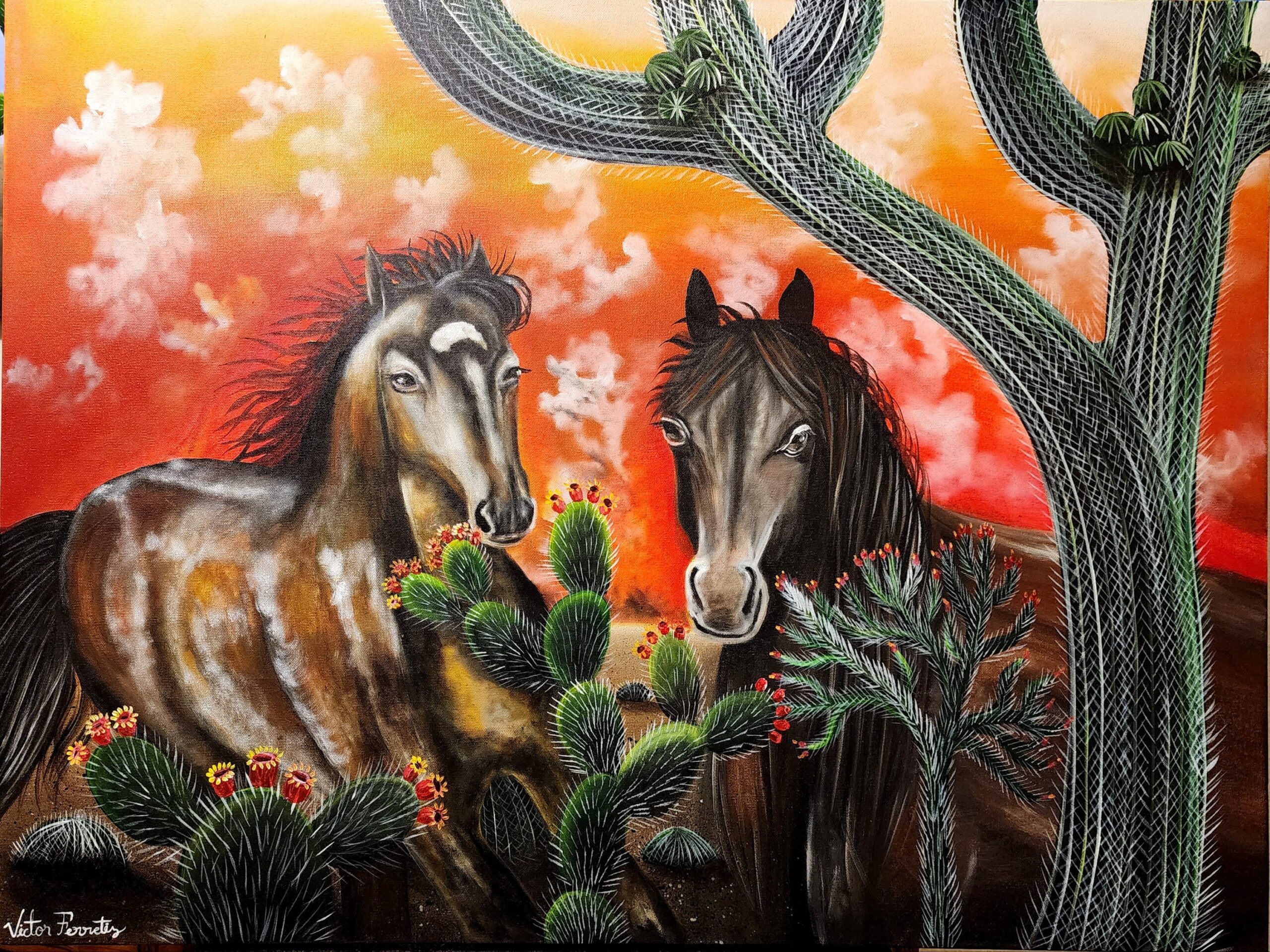 Wild Horses Eating Prickly Pears. – Victor Ferretiz Art